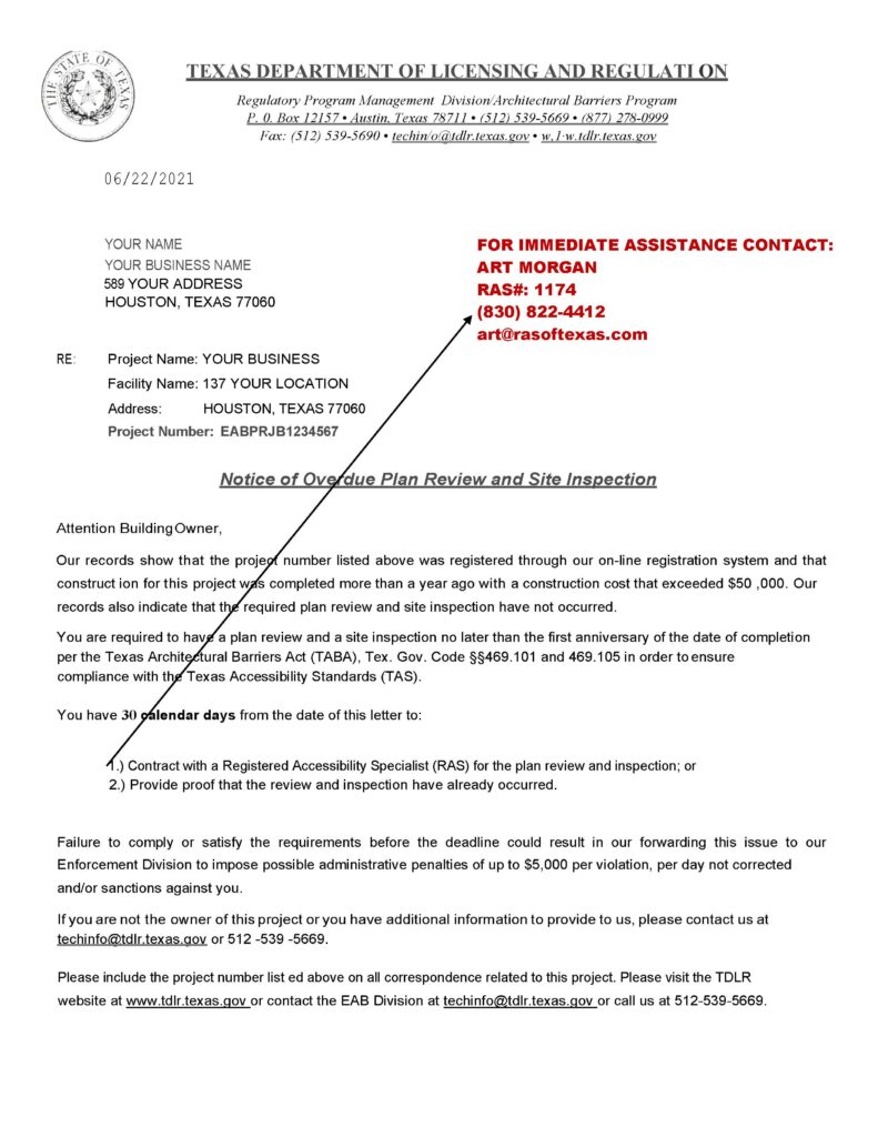 FORT WORTH TDLR OVERDUE INSPECTION - RAS of TEXAS